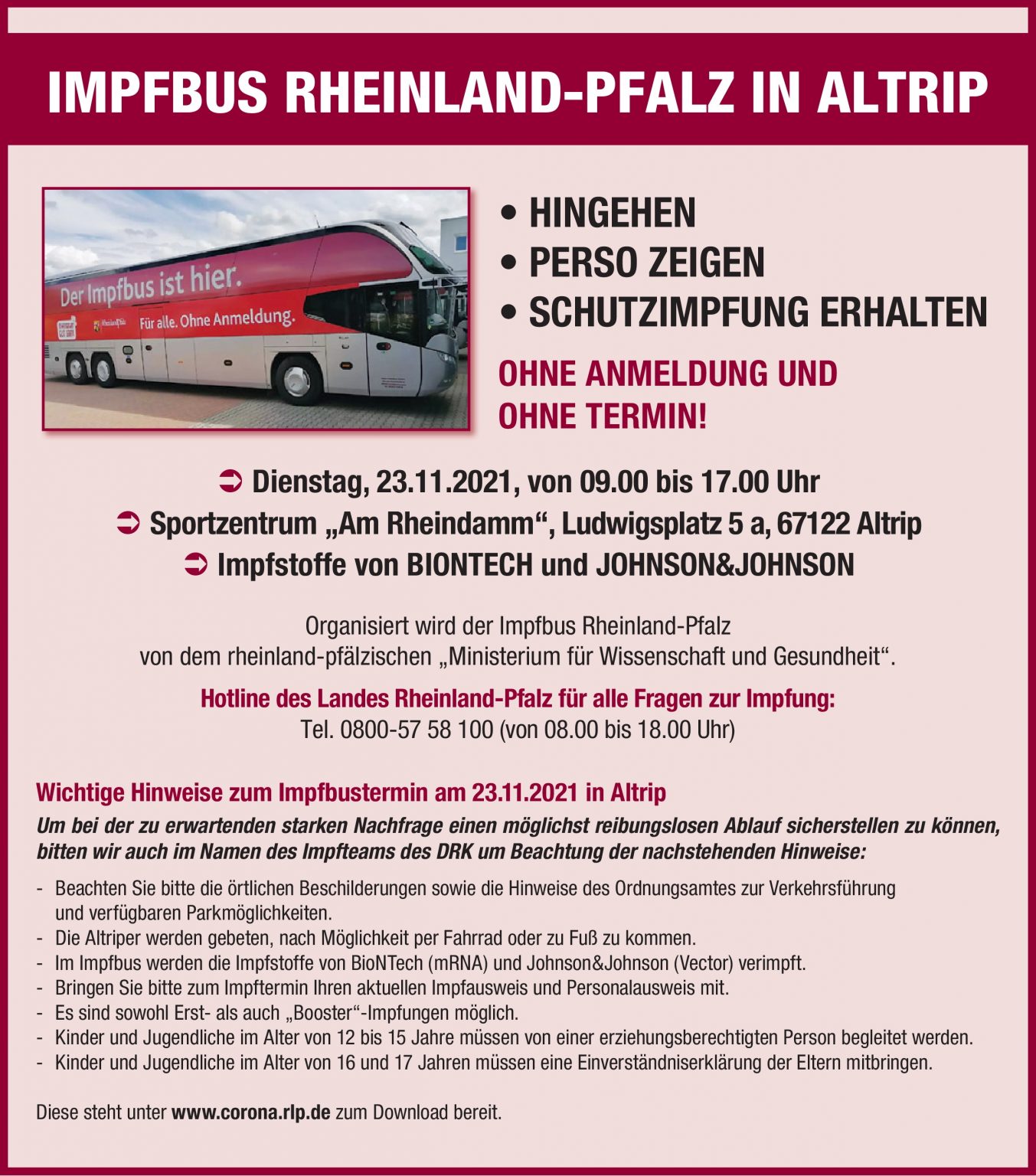 [Amtlicher Beitrag] Impfbus in Altrip – VG Rheinauen Aktuell